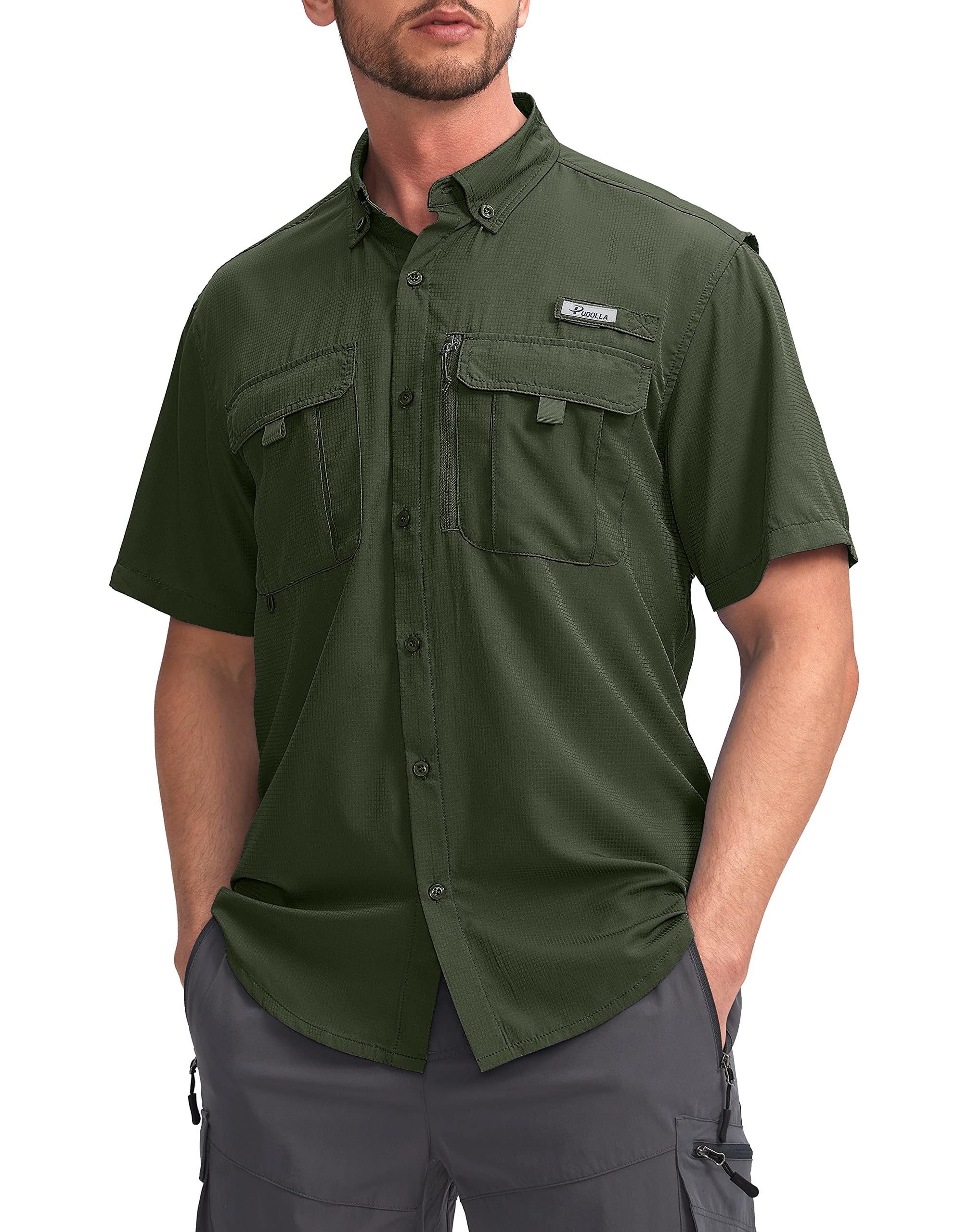 Pudolla Men's Fishing Shirts Short Sleeve Travel Work Shirts Summer Button Down Shirts for Men UPF50+ with Zipper Pockets(Olive, XX-Large)