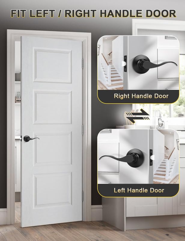 Mengico 6 Pack Door Handle Lock,Black Door Lever Interior,Passage Door Levers Closet Hallway Door Lever,Reversible Wave Lever Handles