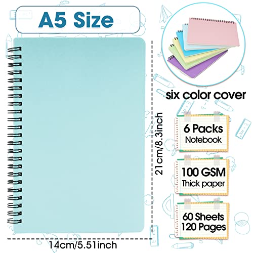 Aosmeol Spiral Notebook,6 Pack A5 5.7 x 8.3 Inch Spiral Lined Notebook,Thick Paper Hardcover Spiral Notebooks,College Ruled Notebooks for Writing School Office Business,60 Sheets 120 Pages,6 Colors
