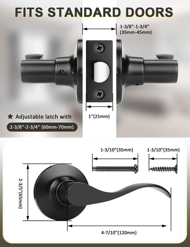 Mengico 6 Pack Door Handle Lock,Black Door Lever Interior,Passage Door Levers Closet Hallway Door Lever,Reversible Wave Lever Handles