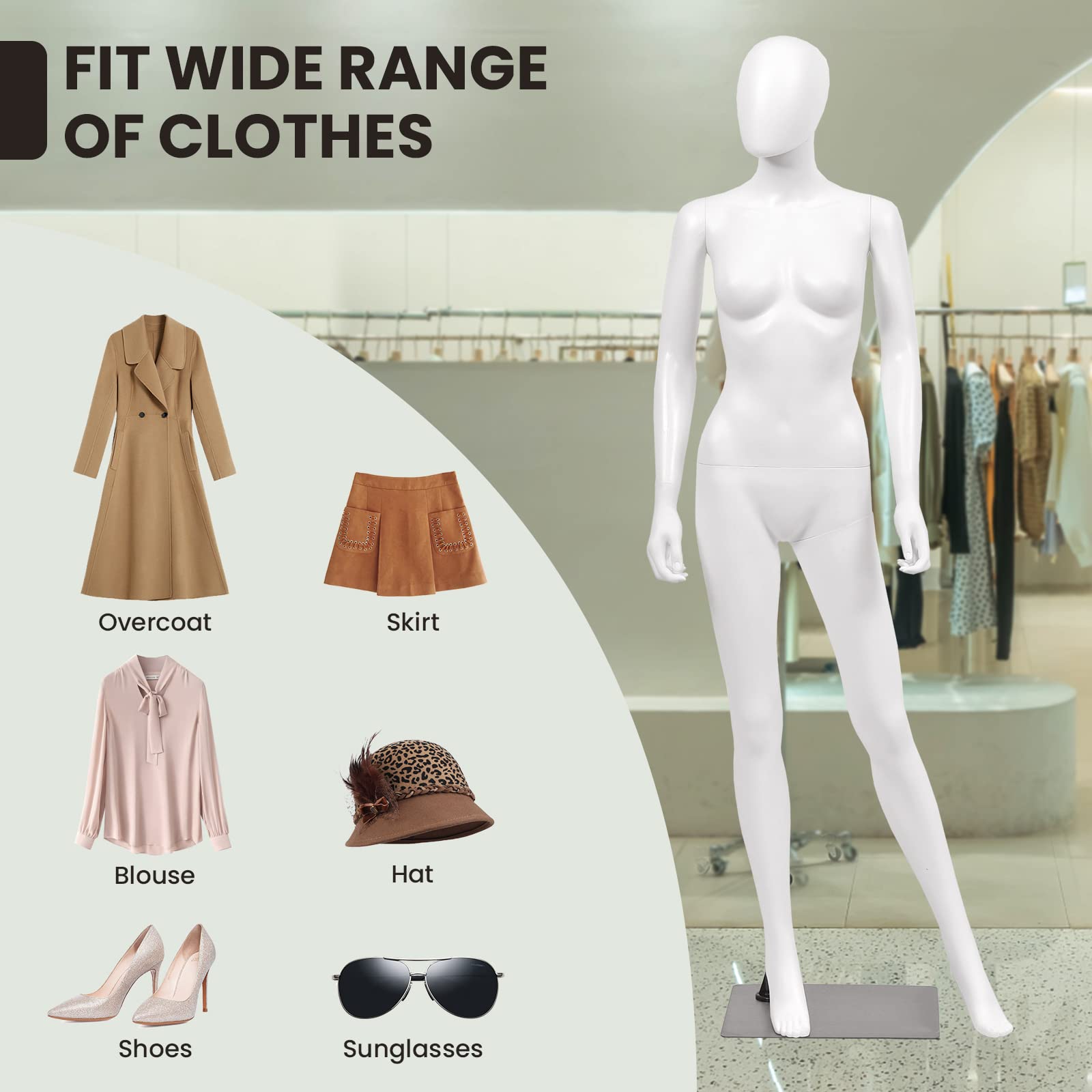 GOFLAME Female Mannequin Full Body, 69 Inches Realistic Mannequin Torso with Adjustable Postures & Detachable Body Parts, Sturdy Metal Base, Dress Model for Window Display, Exhibition, Drawing Office