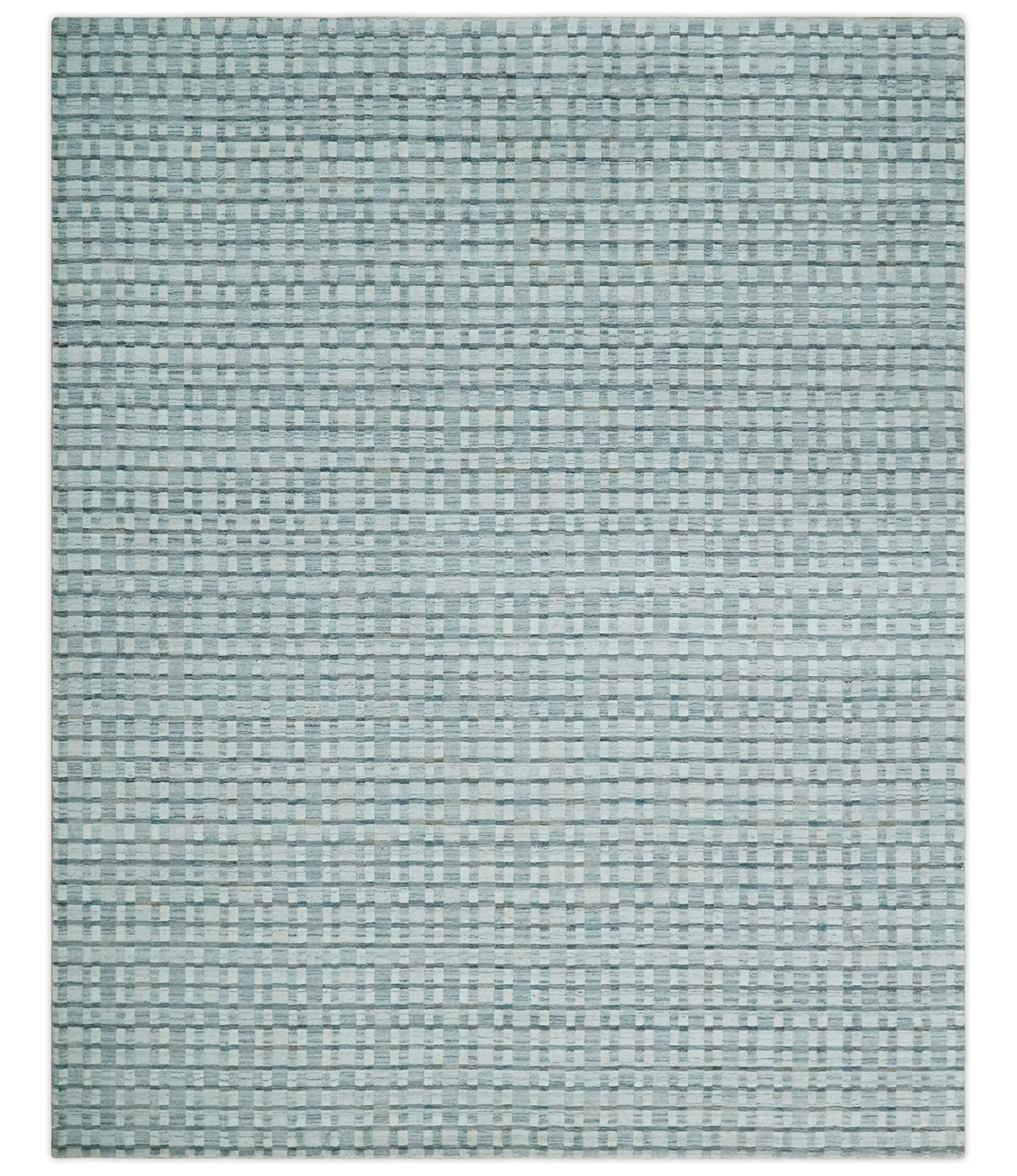 Artisan's Arc Hand Made Checkered Scandinavian Blended Wool Flatwoven Area Rug, White, Teal and Gray, 8x10 | KE18810