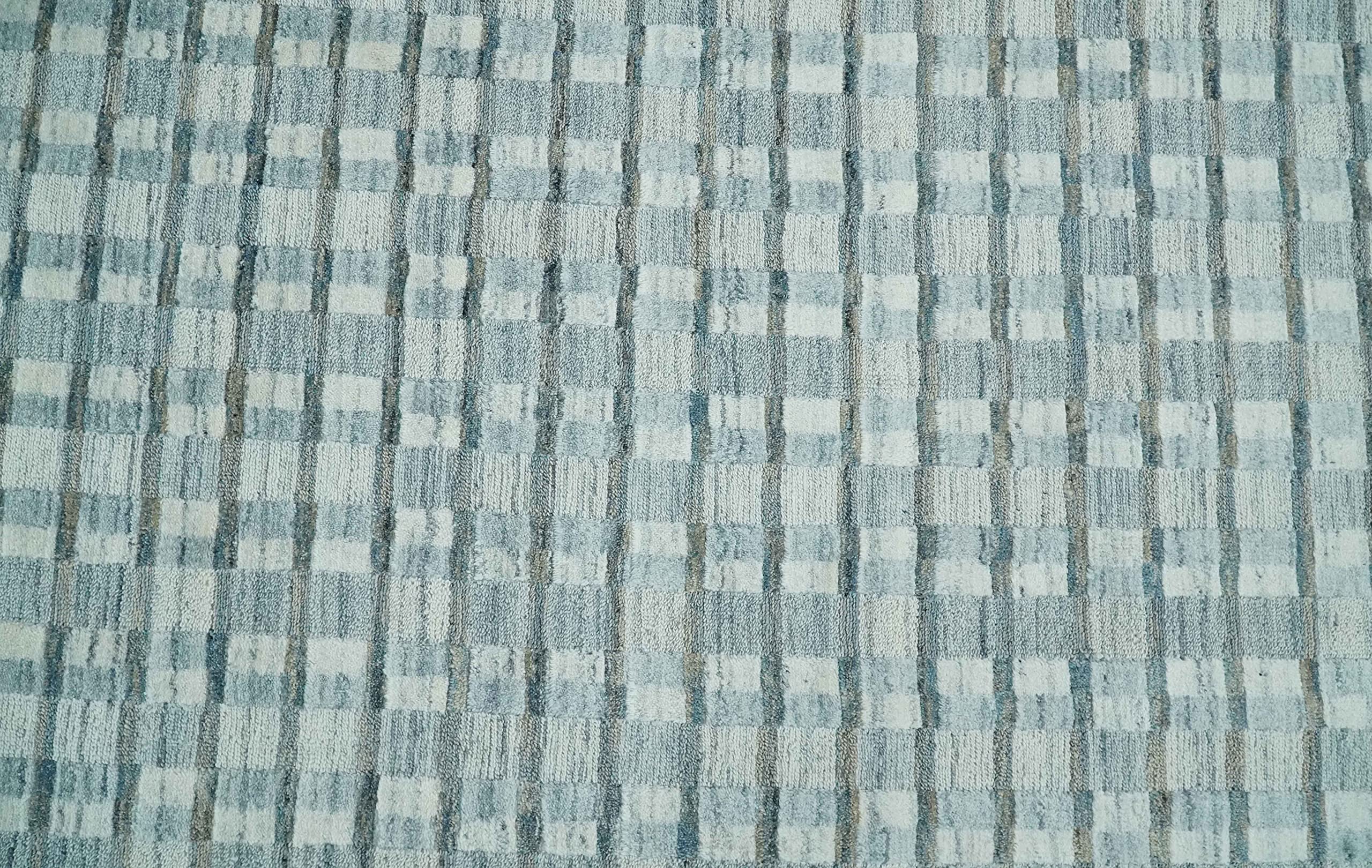 Artisan's Arc Hand Made Checkered Scandinavian Blended Wool Flatwoven Area Rug, White, Teal and Gray, 8x10 | KE18810