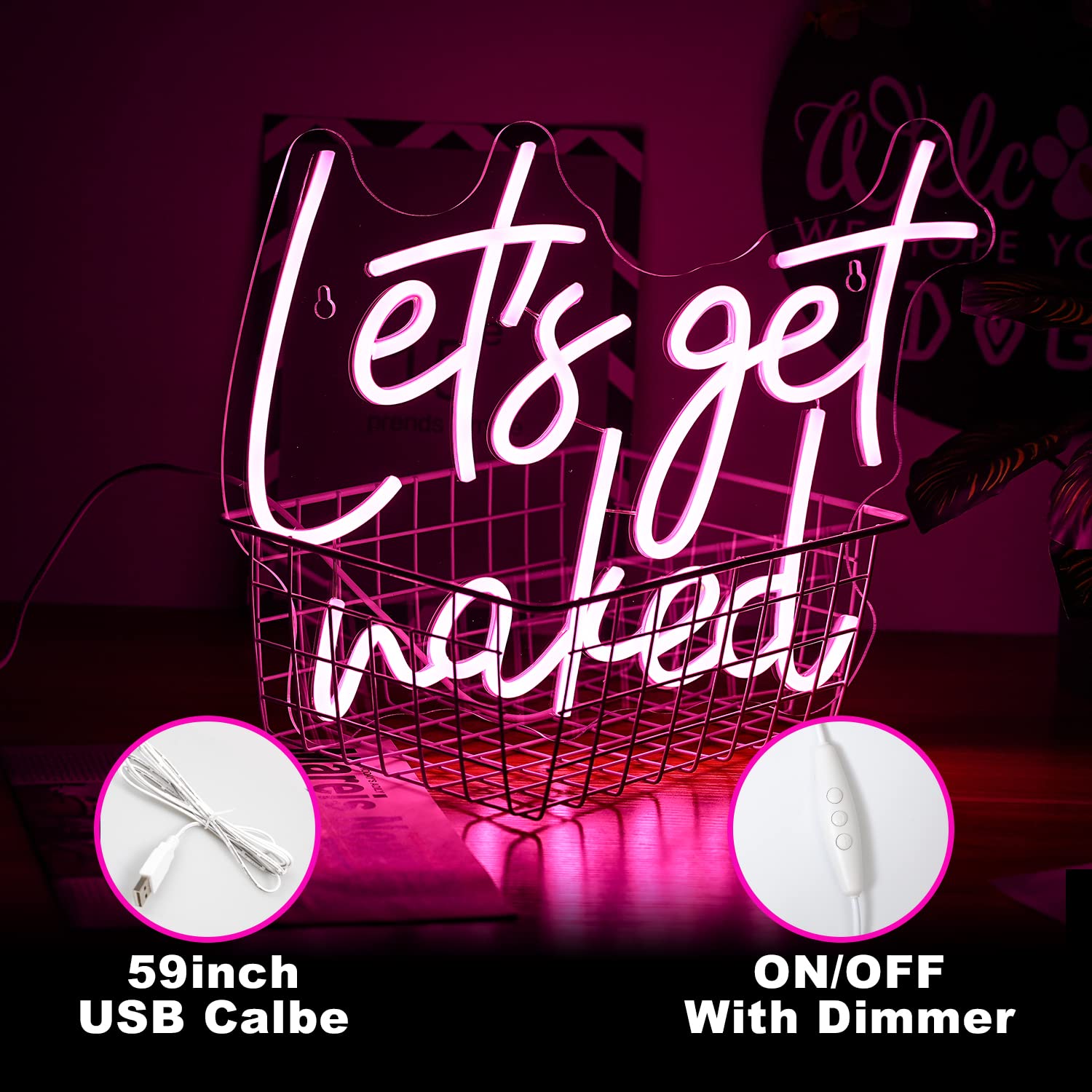 Let's Get Naked Neon Sign Dimmable Pink Neon Light for Wall Decor Powered by USB Words LED Lights for Bedroom Girls Gift Thanksgiving, Christmas(15.7"x11.8")