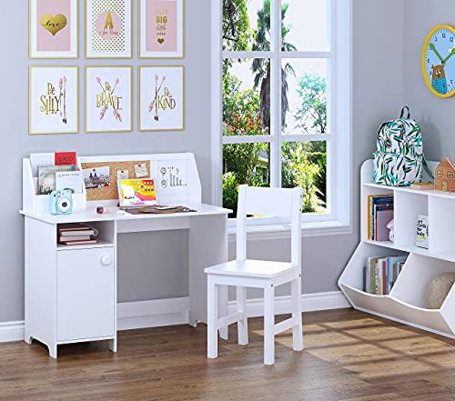 UTEX Kids Study Desk with Chair, Wooden Children School Study Table with Hutch and Chair for 3-8 Years Old, Student's Study Computer Workstation & Writing Table for Home School Use,White