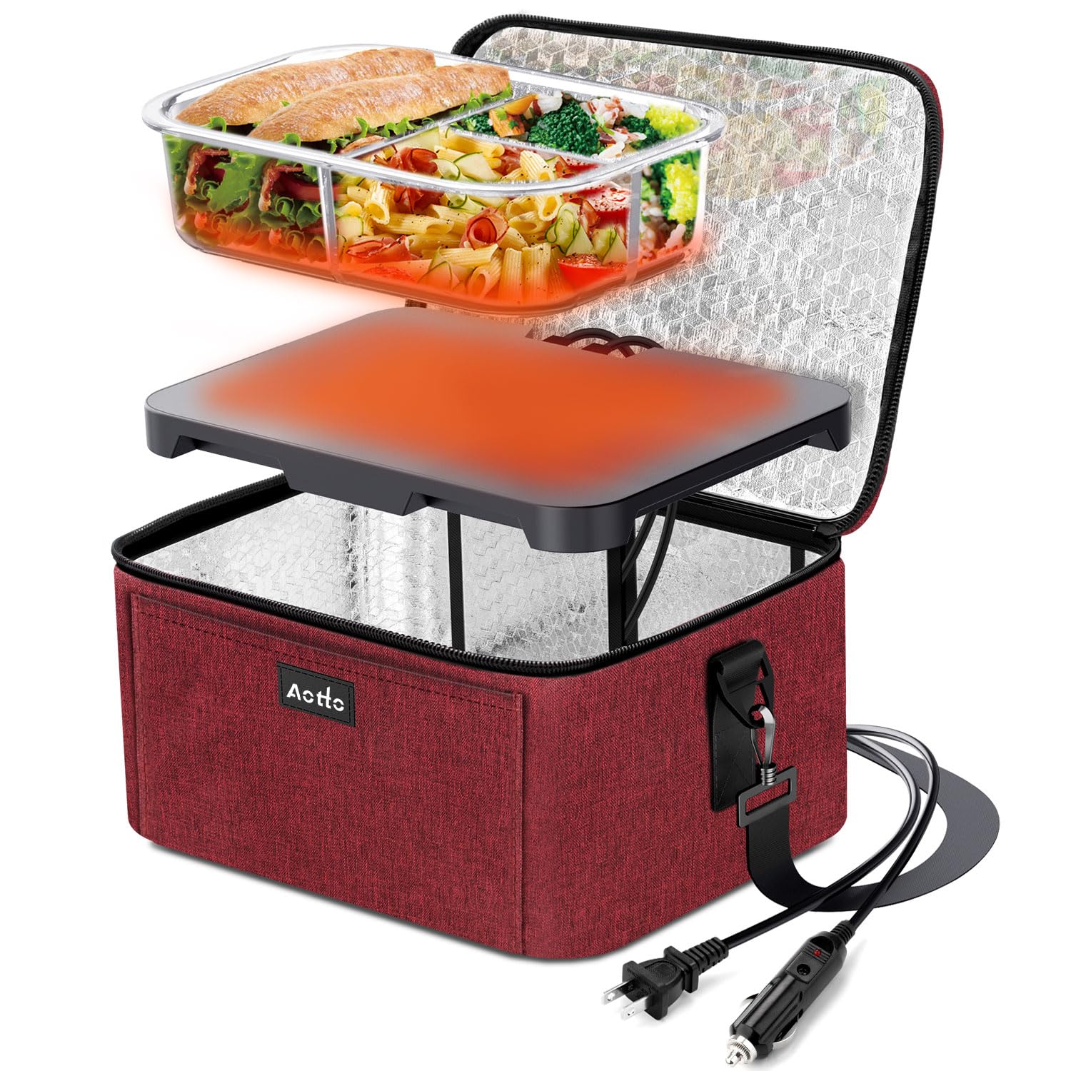 Aotto Electric Lunch Box Food Heater - 12V/24V/110V 3-in-1 Portable Oven & Food Warmer, Heated Lunch Box for Adults, Cook, Reheat, Keep Meals Warm for Car, Truck, Office, Travel, Home - Red