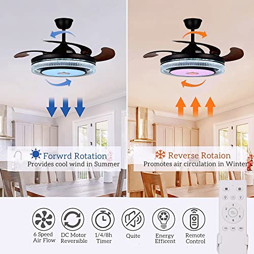 LUOLAX 42in Fandelier Ceiling Fan with Lights and Bluetooth Speaker,Modern Crystal Chandelier LED Fan 6 Speeds Fans Music with Remote Control Modern Crystal Invisible Blades with Silent Motor