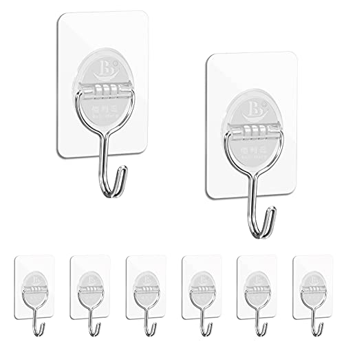 Diesisa Adhesive Wall Hooks Sticky Hooks for Hanging, 8 Packs Adhesive Hooks Reusable Seamless Wall Hook for 13Lb(Max) for Kitchen Bathroom Ceiling - Clear