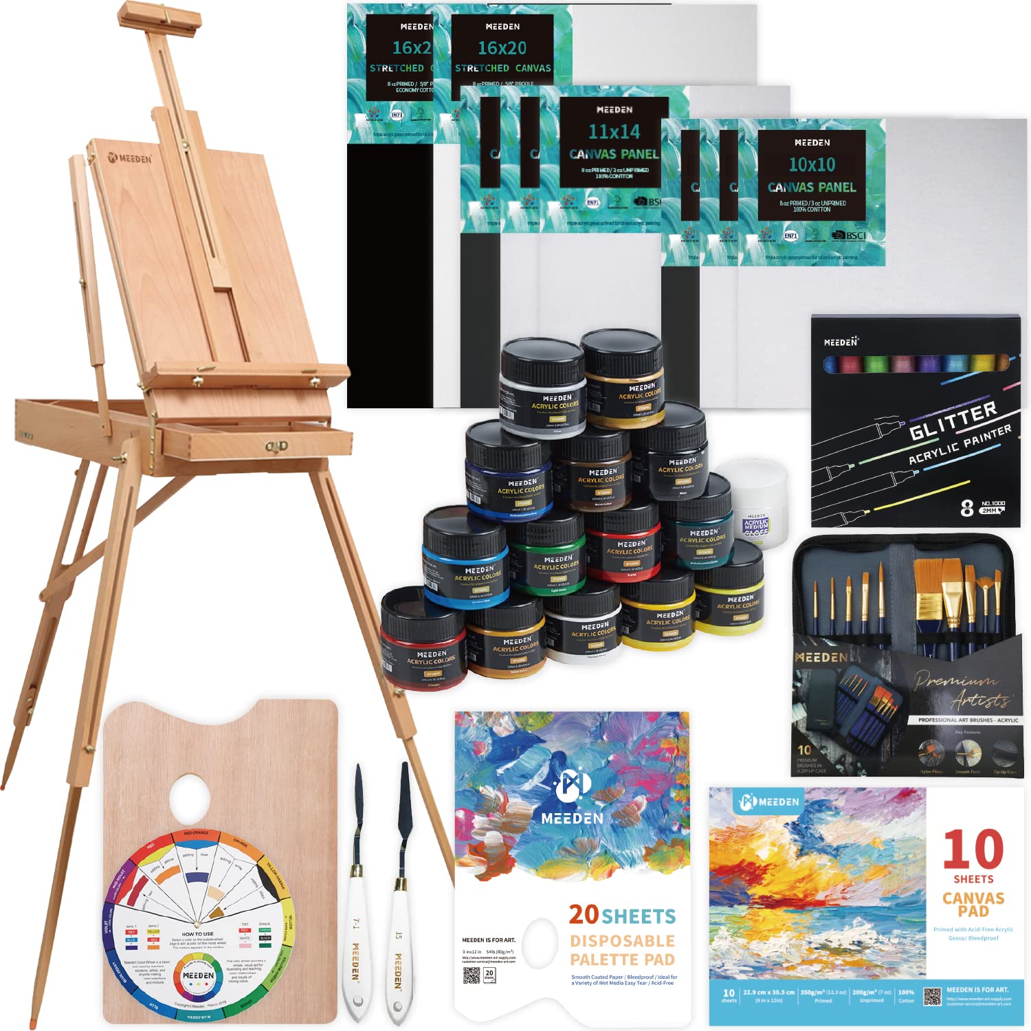 MEEDEN Acrylic Painting Set, Acrylic Paint Set with French Easel, 15x100ML Acrylic Paints, Paintbrushes, Stretched Canvases, Acrylic Painting Supplies,Easel Sets for Painting for Adults