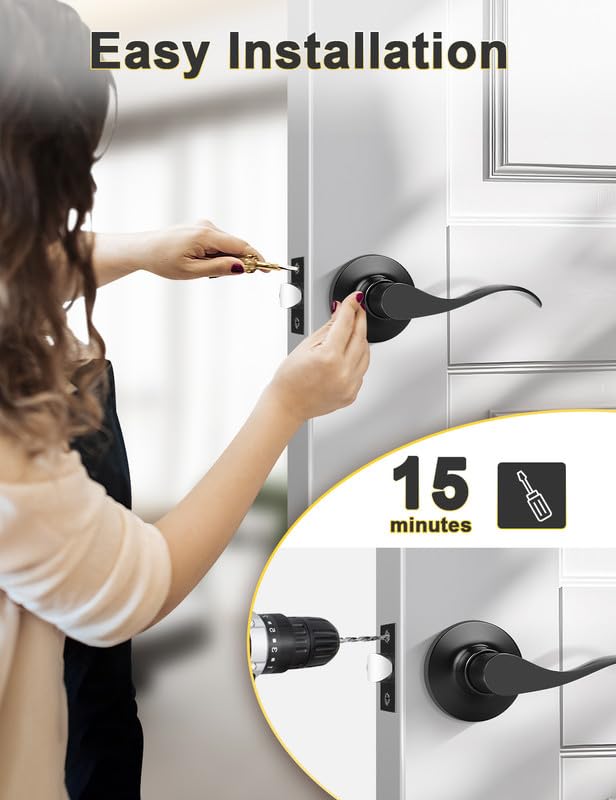 Mengico 6 Pack Door Handle Lock,Black Door Lever Interior,Passage Door Levers Closet Hallway Door Lever,Reversible Wave Lever Handles