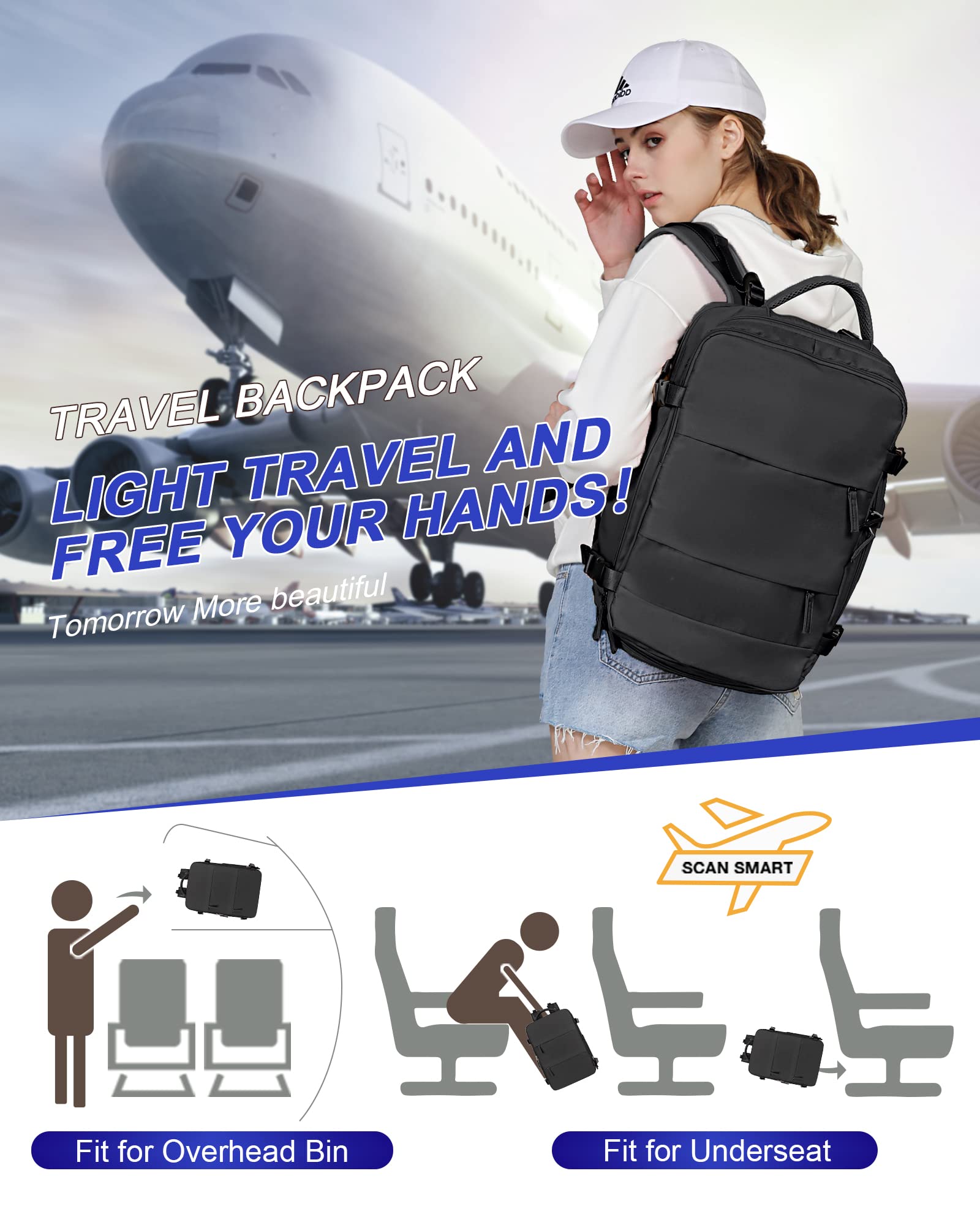 UPPACK Black Travel Backpack For Women Men Carry On Backpack Flight Approved Gym Bag With Shoe Compartment Hiking Waterproof Laptop Backpack College Essentials