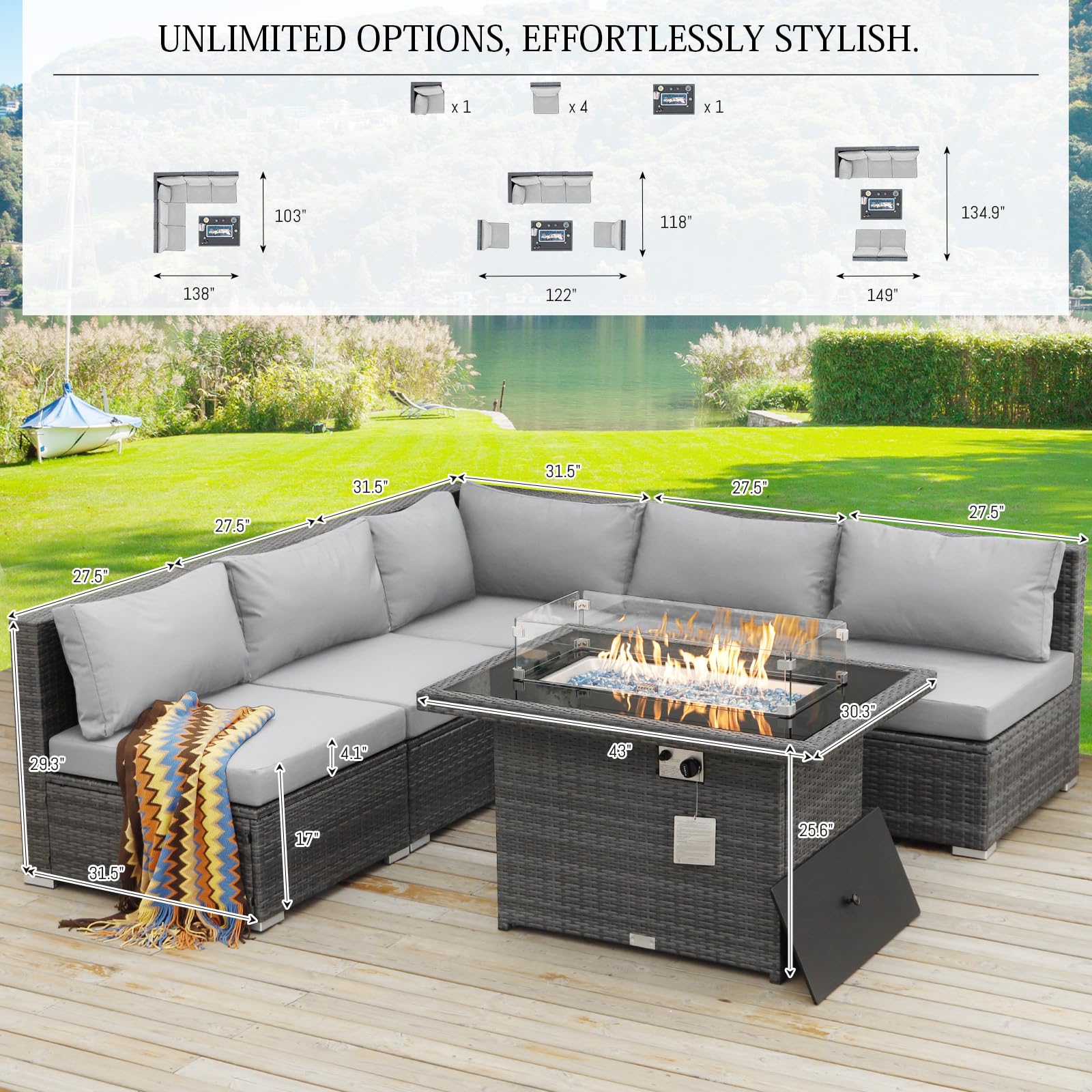 BULEXYARD Grey PE Wicker Patio Furniture Sectional Conversation Sofa Set with 43" Propane/Natural Gas Fire Pit Table, Large Size High Back Outdoor Furniture Set with Fireplace(6Pcs, Light Grey)