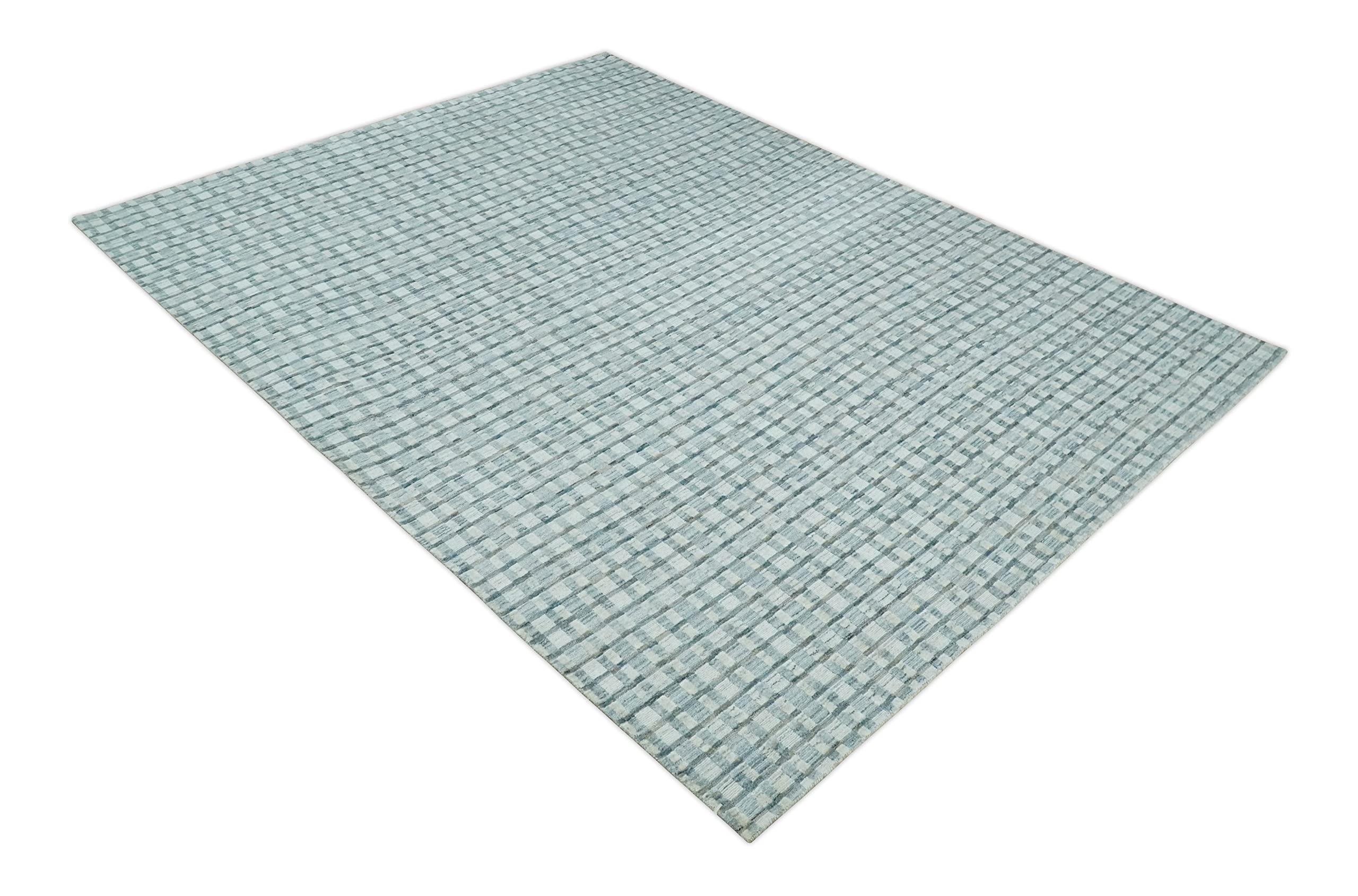 Artisan's Arc Hand Made Checkered Scandinavian Blended Wool Flatwoven Area Rug, White, Teal and Gray, 8x10 | KE18810