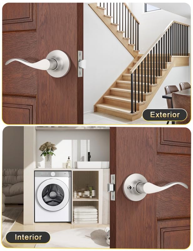 Mengico 1 Pack Satin Nickel Modern Interior Passage Door Knobs, Keyless Door Handle for Hallway & Closet, Wave Style Non-Locking Door Lever Reversible for Left & Right Handed