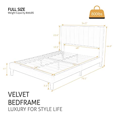 SHA CERLIN Full Size Vertical Channel Platform Bed Frame/Velvet Upholstered Bed Frame with Headboard/Strong Wood Slats Support/Mattress Foundation/No Box Spring Needed/Pink