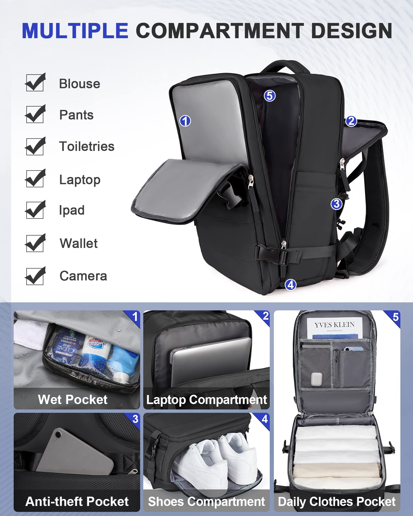 UPPACK Black Travel Backpack For Women Men Carry On Backpack Flight Approved Gym Bag With Shoe Compartment Hiking Waterproof Laptop Backpack College Essentials