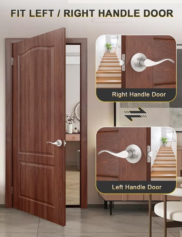 Mengico 1 Pack Satin Nickel Modern Interior Passage Door Knobs, Keyless Door Handle for Hallway & Closet, Wave Style Non-Locking Door Lever Reversible for Left & Right Handed