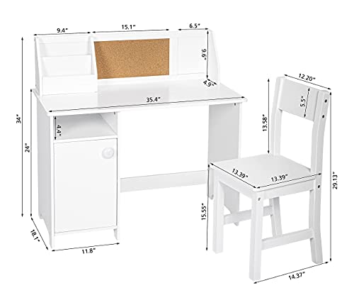 UTEX Kids Study Desk with Chair, Wooden Children School Study Table with Hutch and Chair for 3-8 Years Old, Student's Study Computer Workstation & Writing Table for Home School Use,White