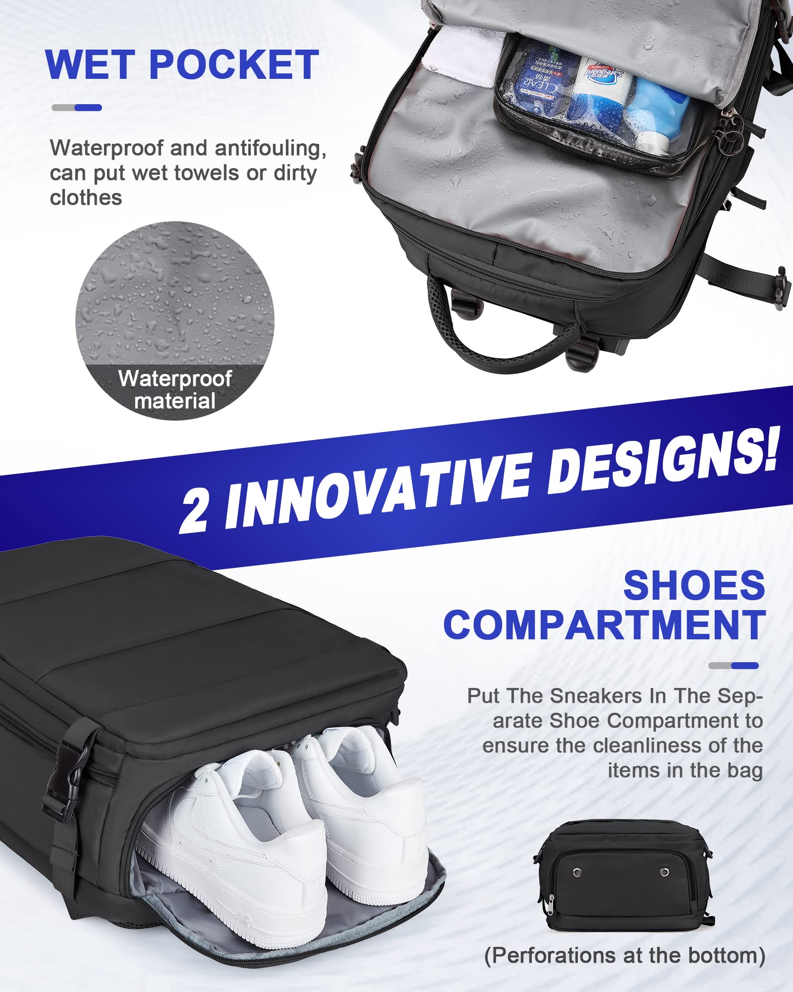 UPPACK Black Travel Backpack For Women Men Carry On Backpack Flight Approved Gym Bag With Shoe Compartment Hiking Waterproof Laptop Backpack College Essentials
