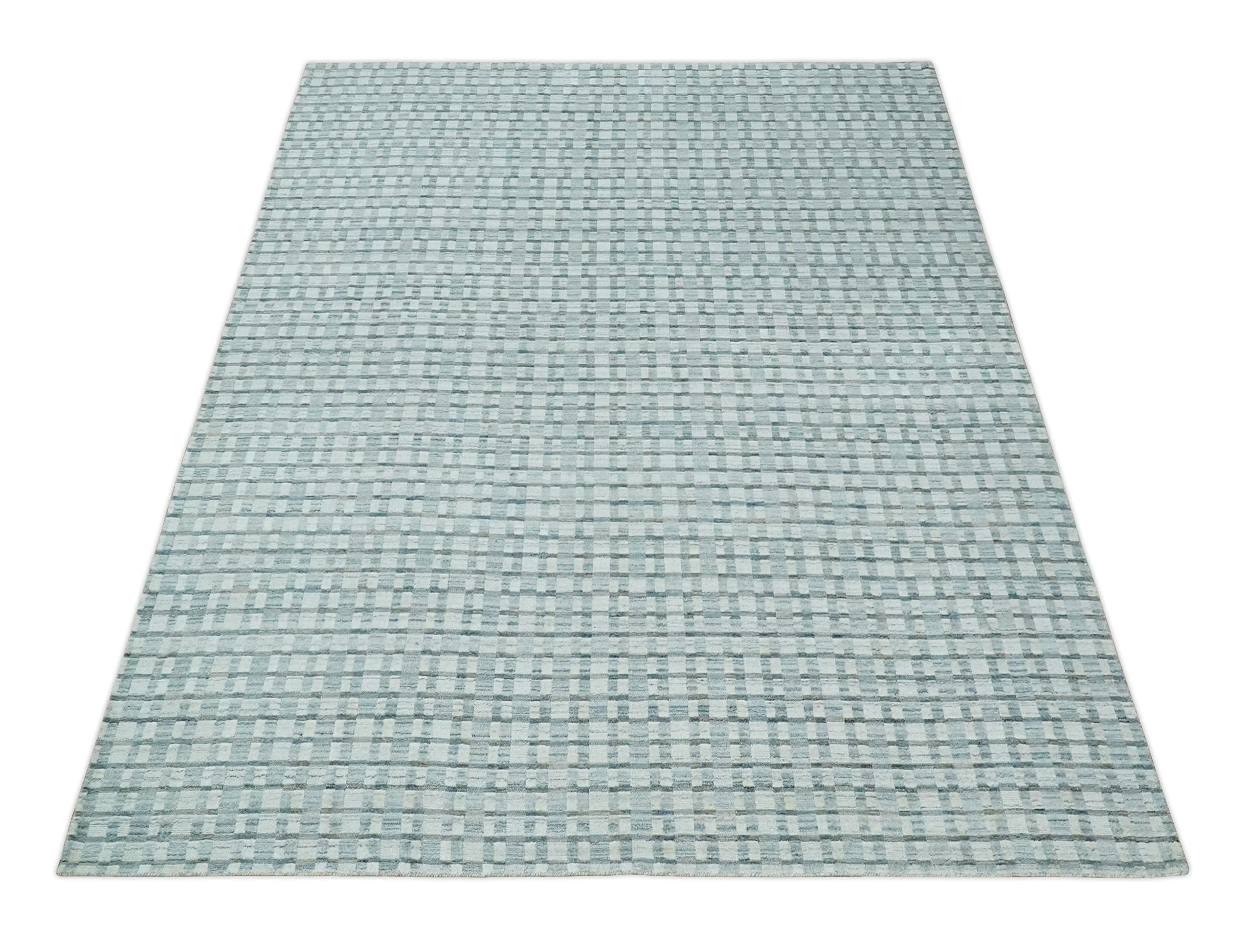 Artisan's Arc Hand Made Checkered Scandinavian Blended Wool Flatwoven Area Rug, White, Teal and Gray, 8x10 | KE18810