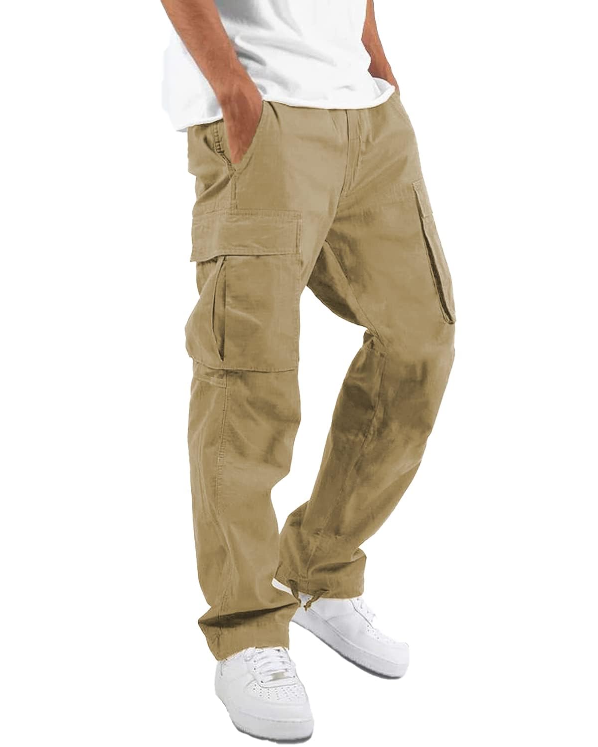 LYRXXX Men's Casual Cargo Pants Hiking Pants Workout Joggers Sweatpants for Men,Light Khaki,L