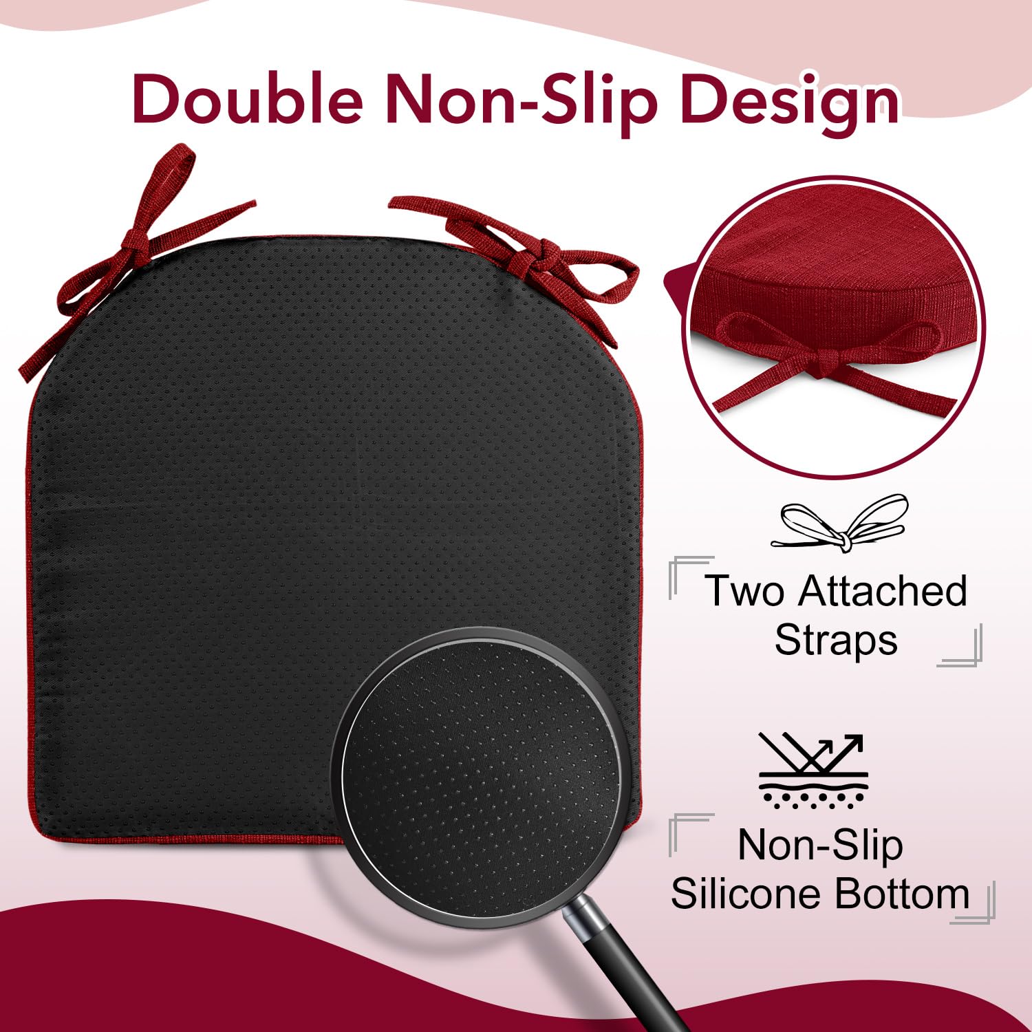 downluxe Indoor Chair Cushions for Dining Chairs, Soft and Comfortable Textured Memory Foam Kitchen Chair Pads with Ties and Non-Slip Backing, 16" x 16" x 2", Red, 4 Pack