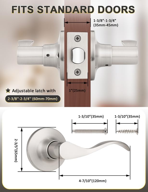 Mengico 1 Pack Satin Nickel Modern Interior Passage Door Knobs, Keyless Door Handle for Hallway & Closet, Wave Style Non-Locking Door Lever Reversible for Left & Right Handed