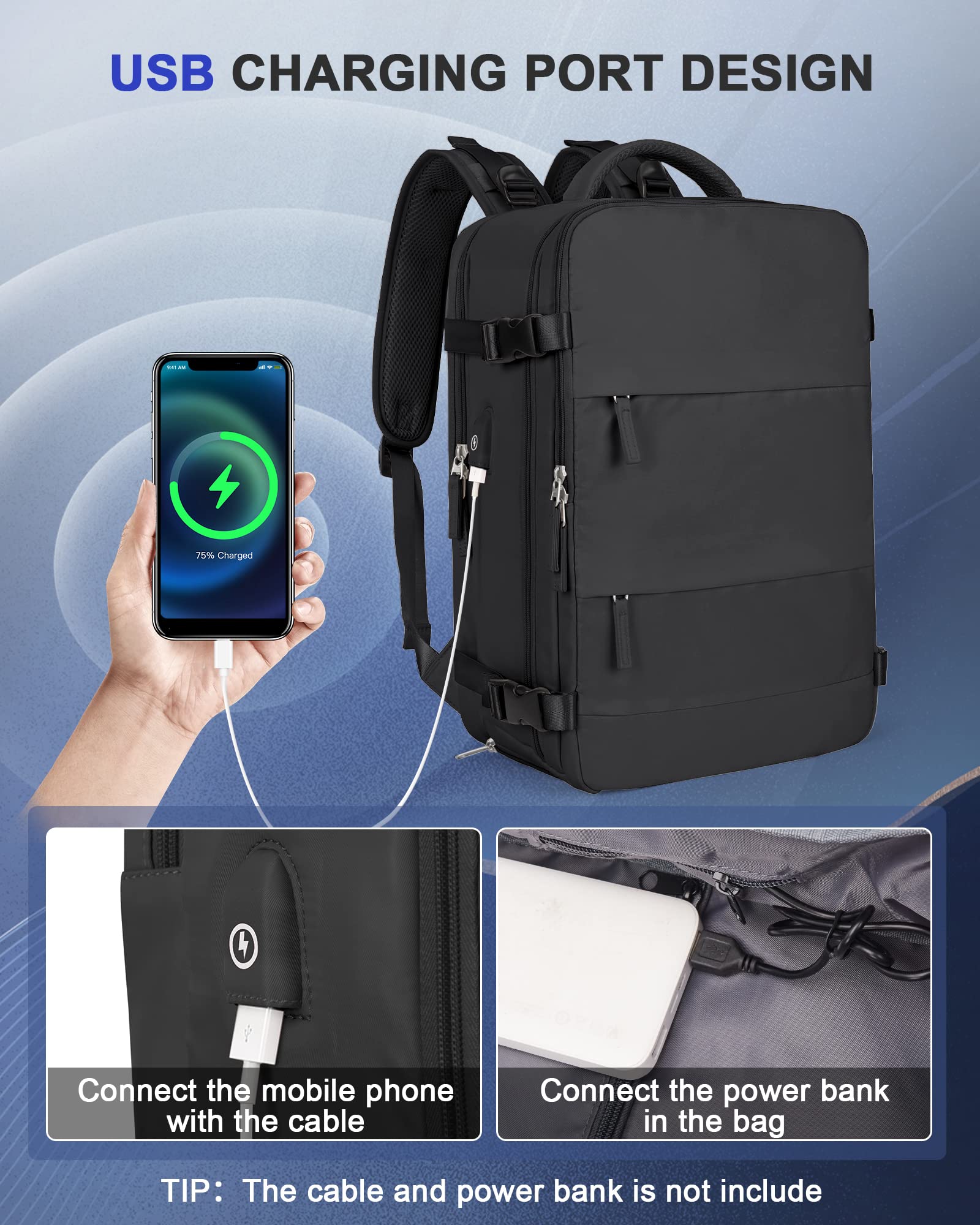 UPPACK Black Travel Backpack For Women Men Carry On Backpack Flight Approved Gym Bag With Shoe Compartment Hiking Waterproof Laptop Backpack College Essentials