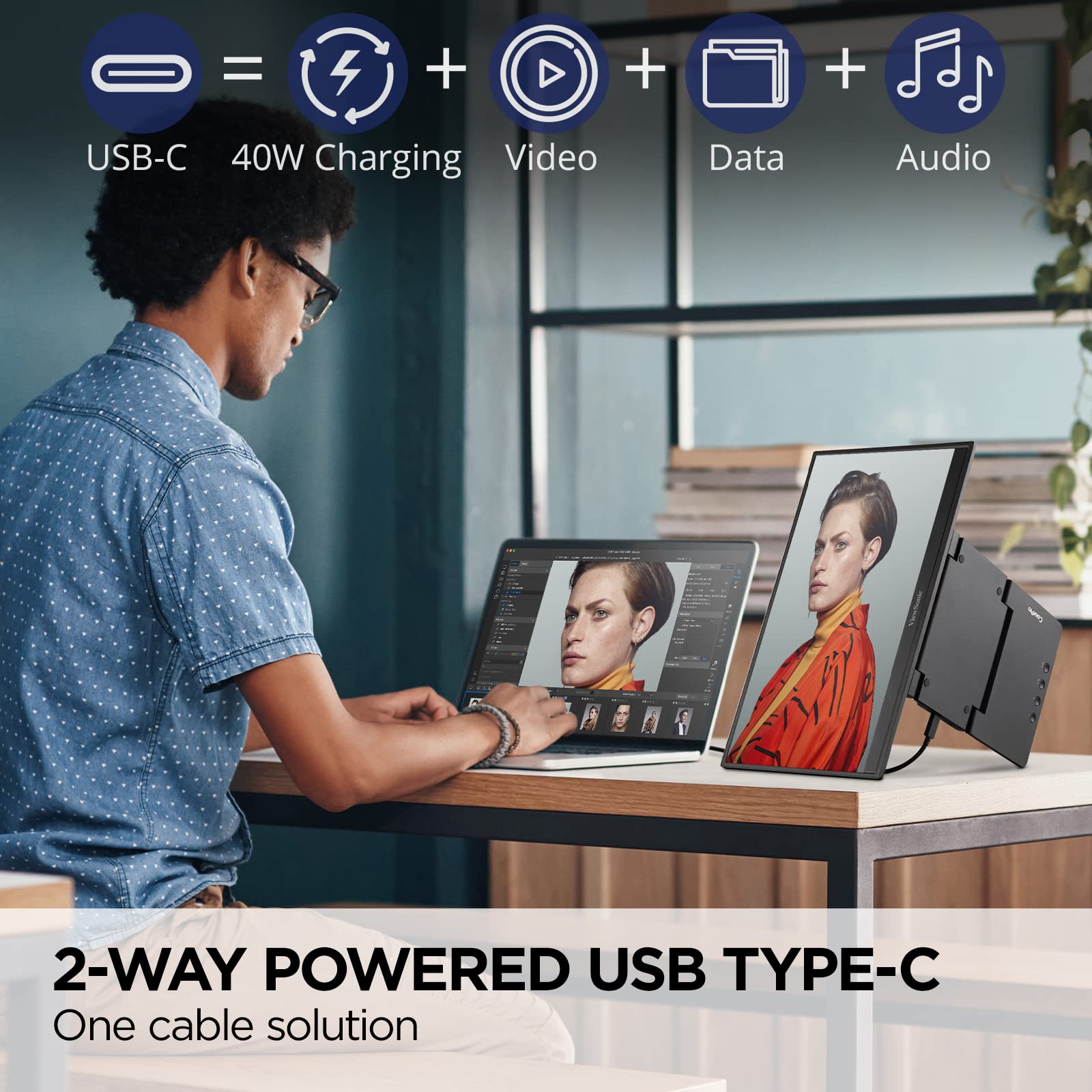 ViewSonic VP16-OLED 15.6 Inch 1080p Portable OLED Monitor with 2 Way Powered 40W USB C, Pantone Validated, Factory Calibrated, Built-in Ergonomic Stand with Protective Cover,Black