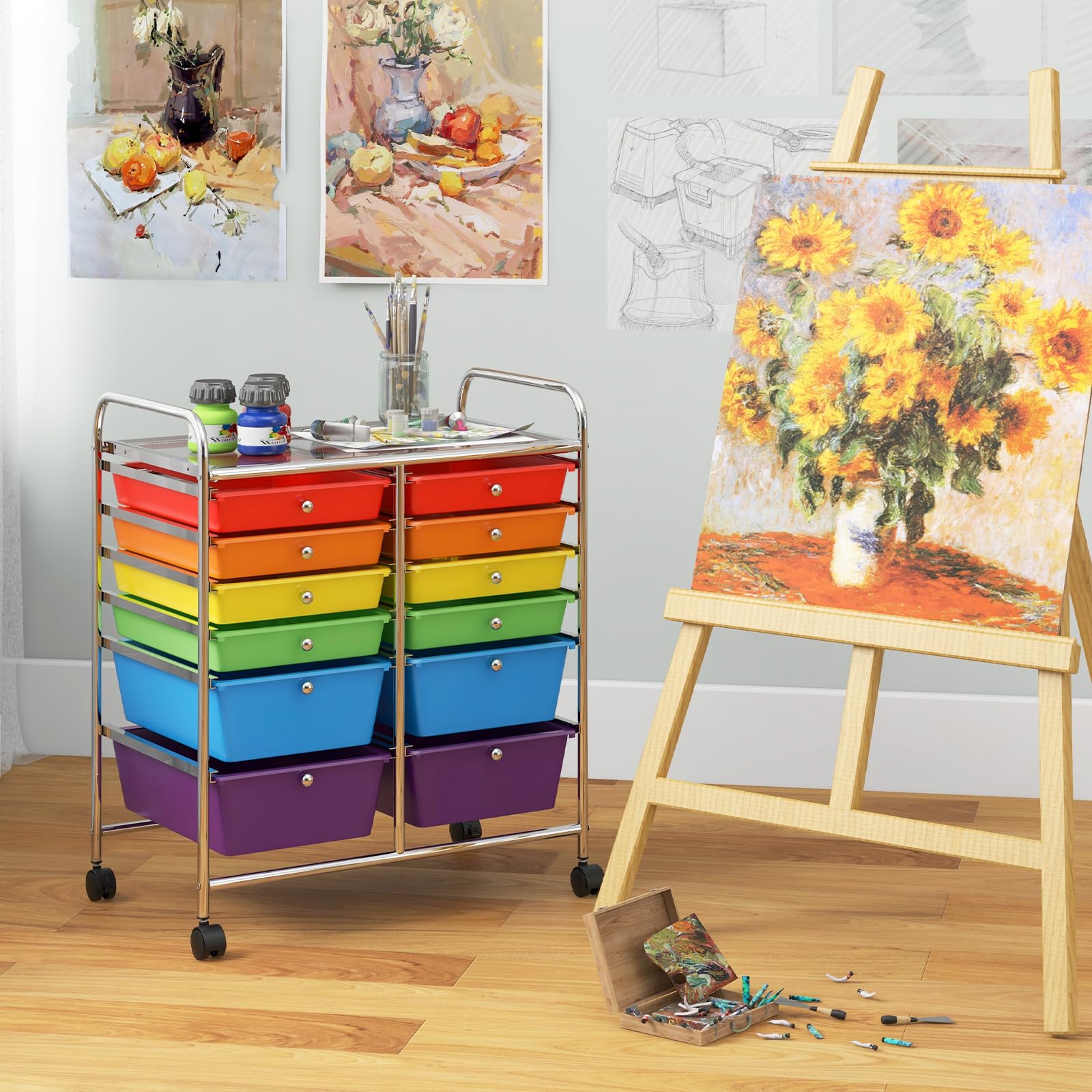 LDAILY 12 Drawer Rolling Storage Cart, Craft Cart Organizer on Wheels with Metal Frame, Large Capacity & Smooth Drawer, Rolling Cart with Drawers for Living Room, Classroom, Office (Multicolor)