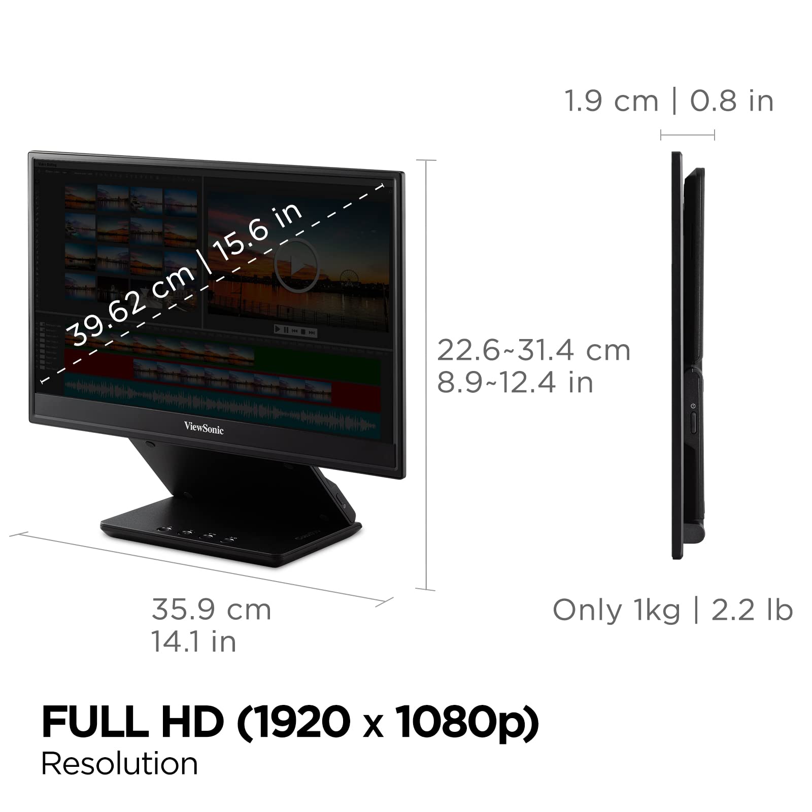 ViewSonic VP16-OLED 15.6 Inch 1080p Portable OLED Monitor with 2 Way Powered 40W USB C, Pantone Validated, Factory Calibrated, Built-in Ergonomic Stand with Protective Cover,Black