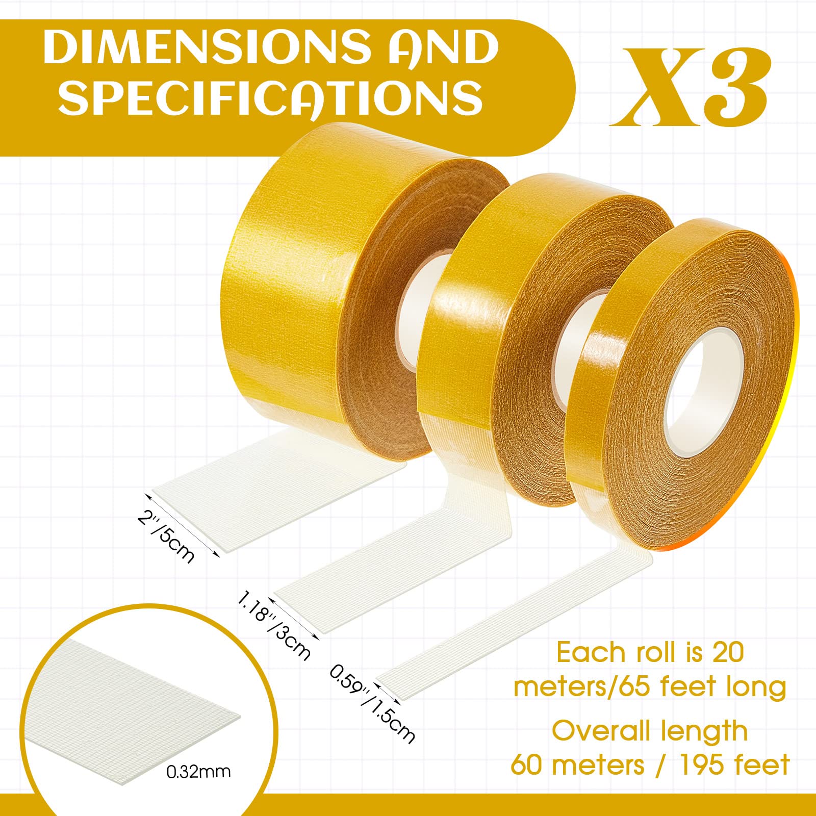 3 Rolls Double Sided Tape Heavy Duty, 0.59/1.18/2 Inch x 66 ft (20m) Clear Fiberglass Mesh Strong Wall Adhesive Tape, Removable Sticky Waterproof Two Sided Mounting Tape for Carpet, Wall, Craft