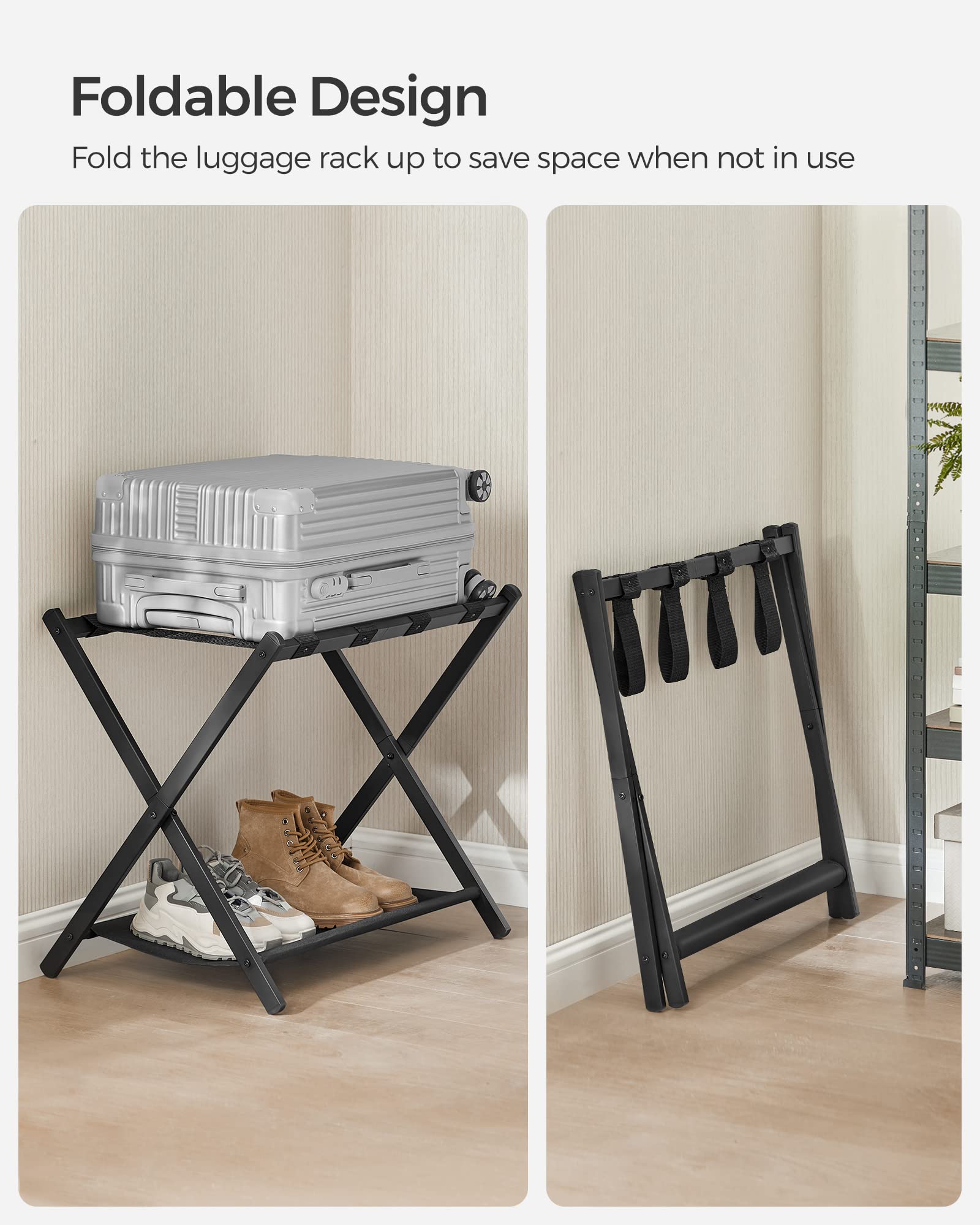 SONGMICS Luggage Racks for Guest Room, Set of 2, Suitcase Stand with Storage Shelf, Steel Frame, Foldable for Easy Storage, Hotel, Bedroom, Black URLR003B02