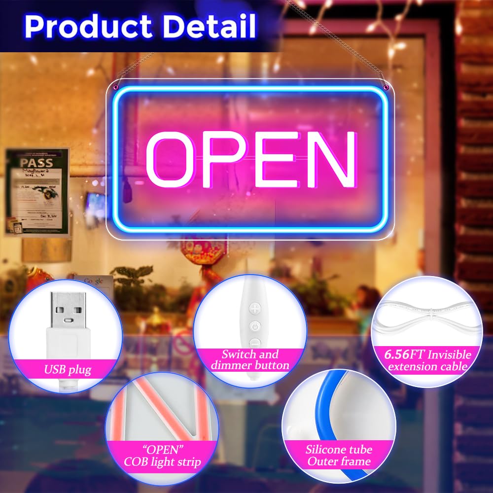ROLANCHE Open Signs for Business Window, 16"x 9" Neon Open Sign, Bright COB Chip LED Open Sign with ON/OFF Switch, Blue & Pink Open Light Up Sign for Wall, Shop, Hotel, Horizontal