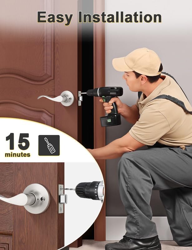 Mengico 1 Pack Satin Nickel Modern Interior Passage Door Knobs, Keyless Door Handle for Hallway & Closet, Wave Style Non-Locking Door Lever Reversible for Left & Right Handed