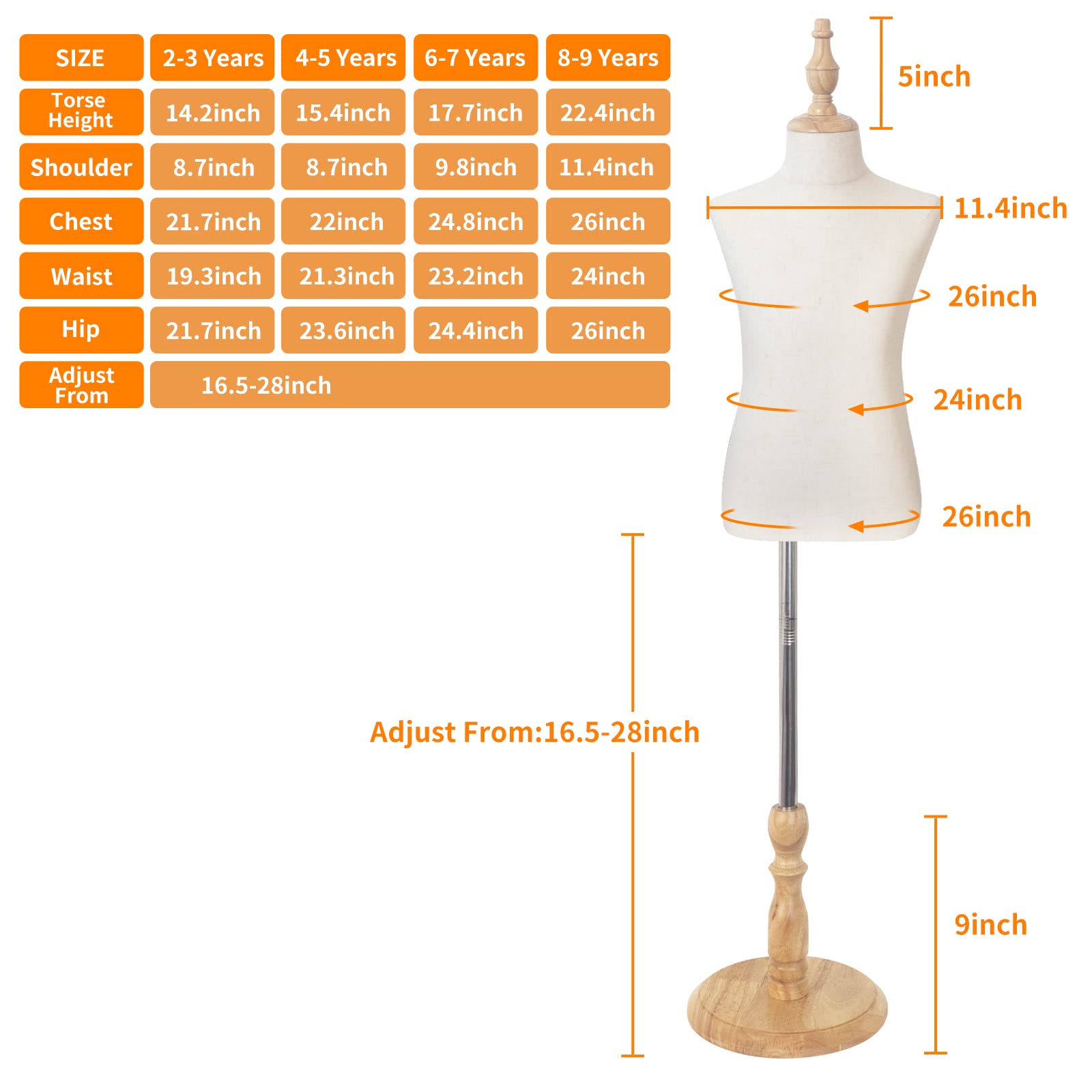 Child Body Cloth Display Torso Mannequin, Kids Half Body Pinnable Dress Form, 2,3,4,5,6,7 Years Old (8-9 Years)