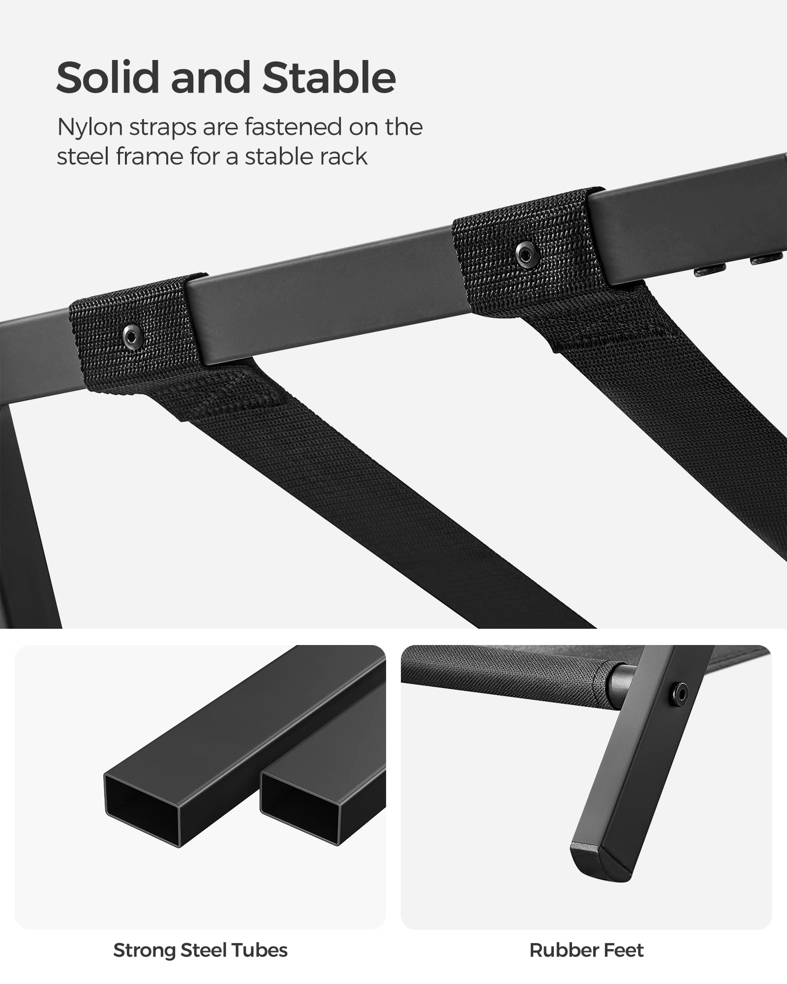 SONGMICS Luggage Racks for Guest Room, Set of 2, Suitcase Stand with Storage Shelf, Steel Frame, Foldable for Easy Storage, Hotel, Bedroom, Black URLR003B02