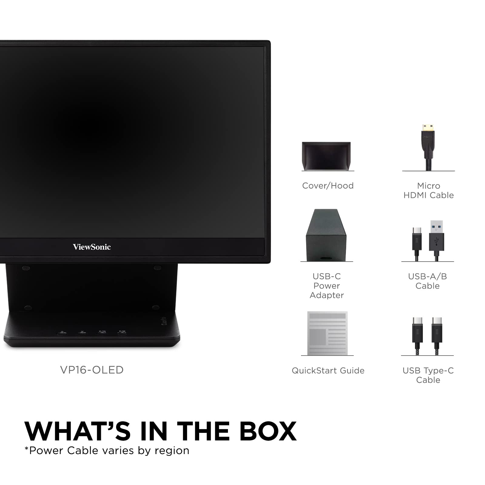 ViewSonic VP16-OLED 15.6 Inch 1080p Portable OLED Monitor with 2 Way Powered 40W USB C, Pantone Validated, Factory Calibrated, Built-in Ergonomic Stand with Protective Cover,Black