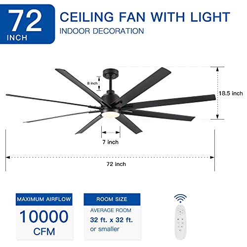 IQCSXLQ 72 Inch Black Large Ceiling Fan with Light and Remote, Outdoor Modern Ceiling Fan with Led Lights, Industrail Ceiling Fan with 8 Blade for Indoor Living Room Patios Office, DC Silent Motor…
