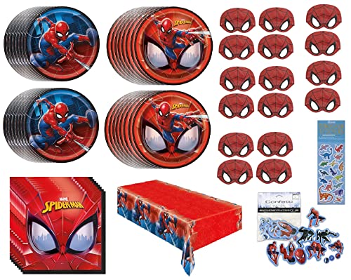 Unique Spiderman Birthday Party Supplies Bundle Pack includes Dessert Cake Paper Plates, Lunch Plates, Napkins, Table Cover, Paper Masks, Confetti (Bundle for 16)