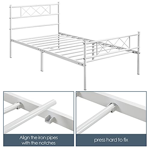 Yaheetech Metal Bed Frame Platform with Headboard and Footboard Mattress Foundation No Box Spring Needed Under Bed Storage Strong Slat Support Twin Size White