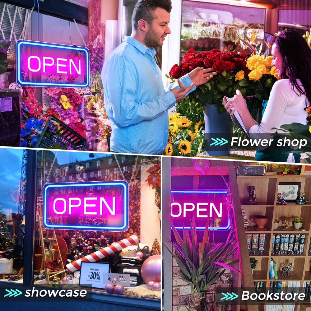 ROLANCHE Open Signs for Business Window, 16"x 9" Neon Open Sign, Bright COB Chip LED Open Sign with ON/OFF Switch, Blue & Pink Open Light Up Sign for Wall, Shop, Hotel, Horizontal