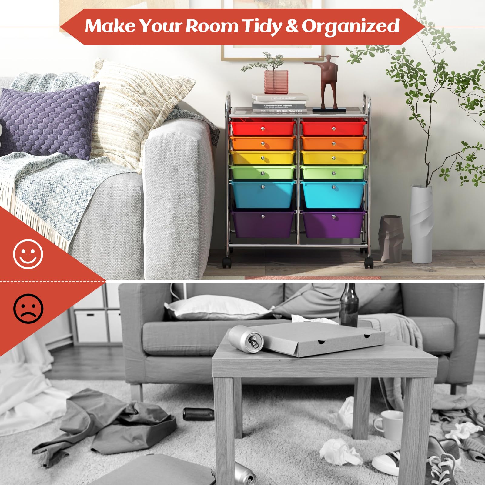 LDAILY 12 Drawer Rolling Storage Cart, Craft Cart Organizer on Wheels with Metal Frame, Large Capacity & Smooth Drawer, Rolling Cart with Drawers for Living Room, Classroom, Office (Multicolor)
