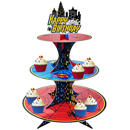 3 Tier Spider Cupcake Stand Superhero Spider Party Decorations Supplies for Kids Boys Themed Birthday Party