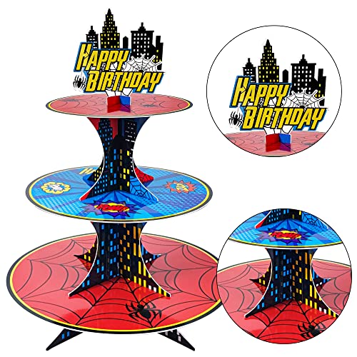 3 Tier Spider Cupcake Stand Superhero Spider Party Decorations Supplies for Kids Boys Themed Birthday Party