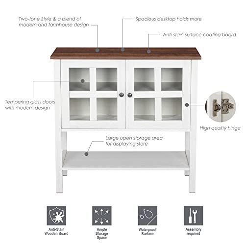 Spirich Home Sideboard Buffet Cabinet, Kitchen Storage Cabinet with 2 Glass Doors and Adjustable Shelf, Wood Cupboard Console Table for Dining Room White