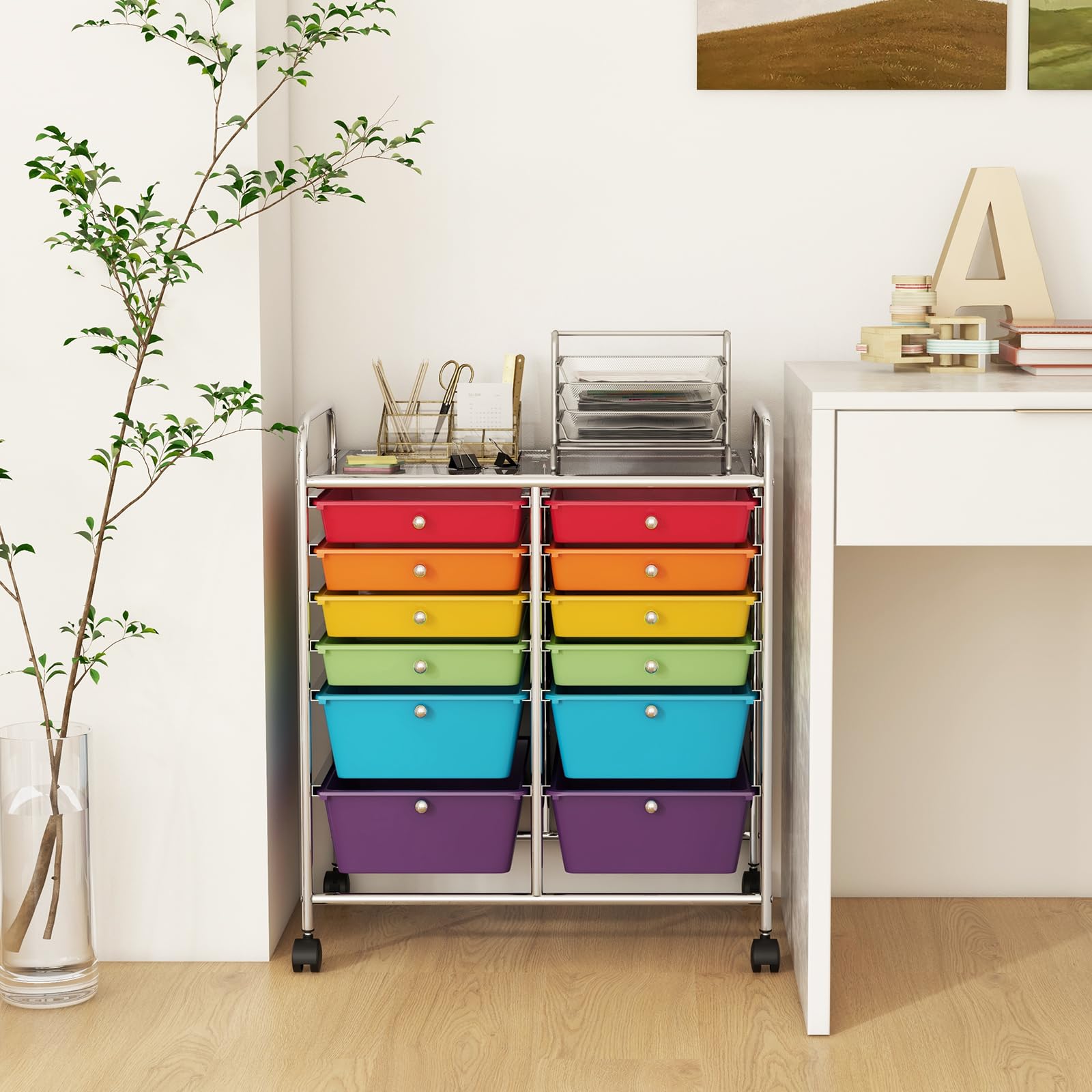 LDAILY 12 Drawer Rolling Storage Cart, Craft Cart Organizer on Wheels with Metal Frame, Large Capacity & Smooth Drawer, Rolling Cart with Drawers for Living Room, Classroom, Office (Multicolor)