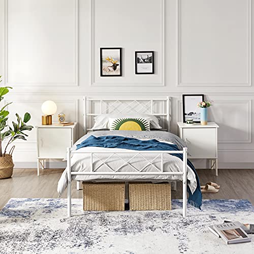 Yaheetech Metal Bed Frame Platform with Headboard and Footboard Mattress Foundation No Box Spring Needed Under Bed Storage Strong Slat Support Twin Size White