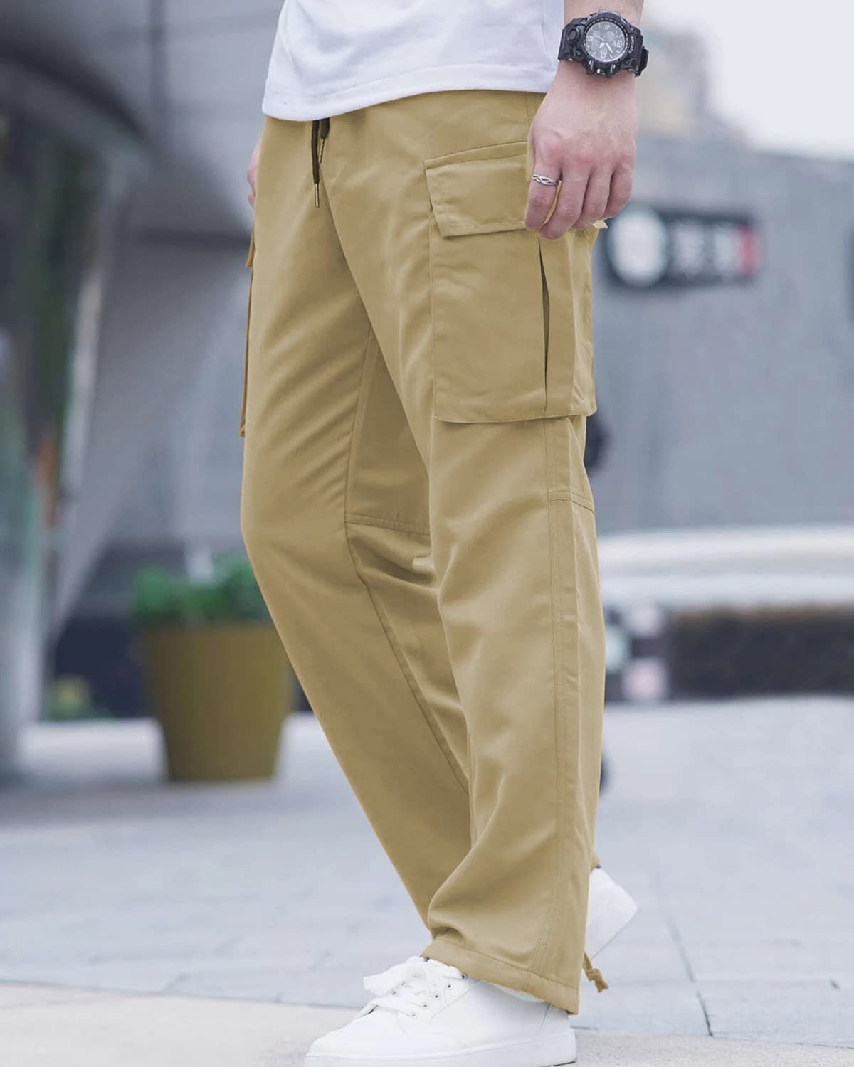 LYRXXX Men's Casual Cargo Pants Hiking Pants Workout Joggers Sweatpants for Men,Light Khaki,M