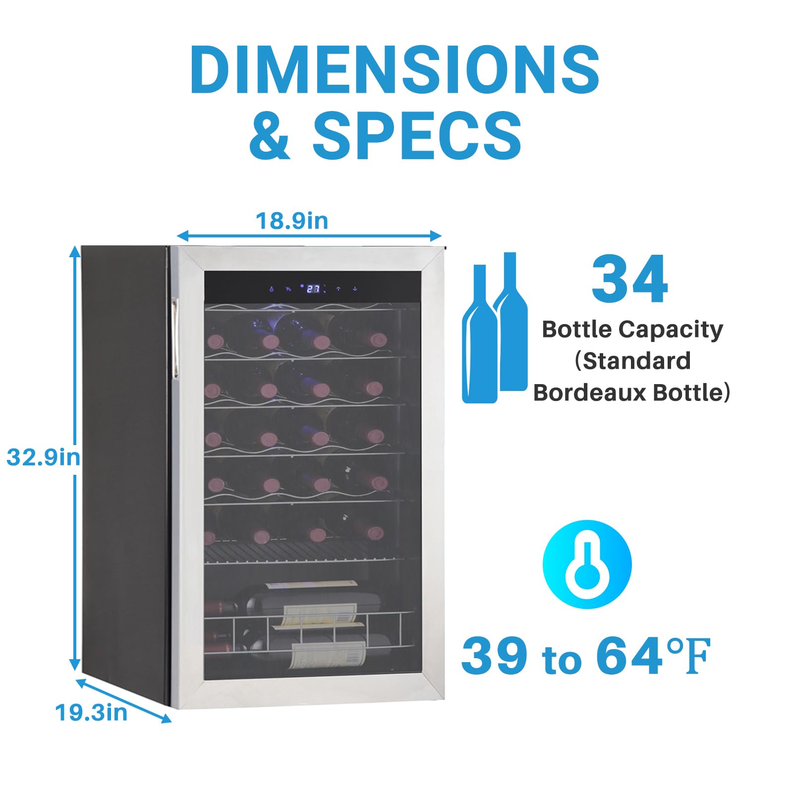 Techomey Wine Cooler Refrigerator, 34 Bottle Wine Cooler for Home Freestanding with Digital Temperature Control, Clear Glass Door, Soft LED Light, Stainless Steel, Black